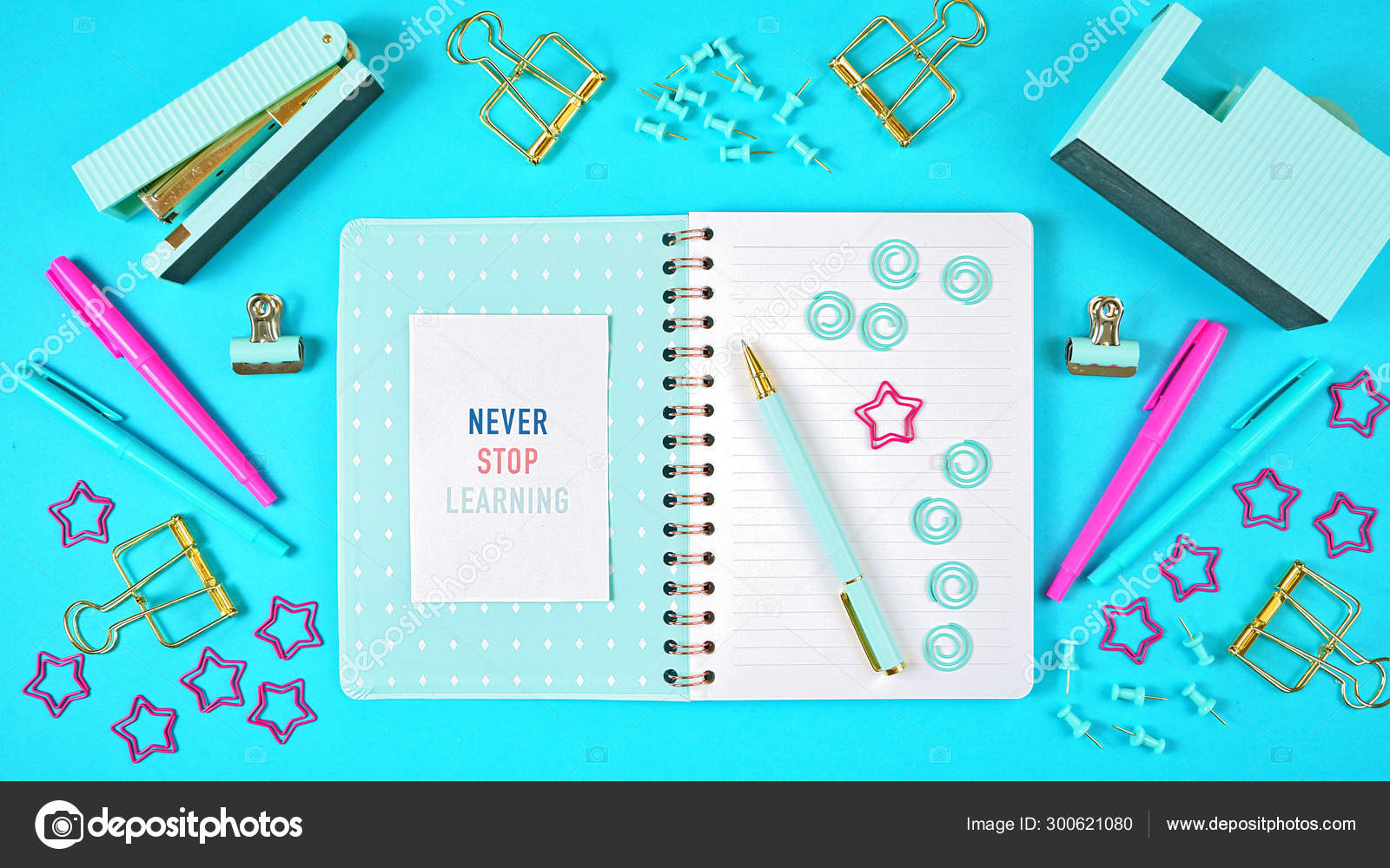 Back to school concept blue theme notebook with stationery. — Stock ...