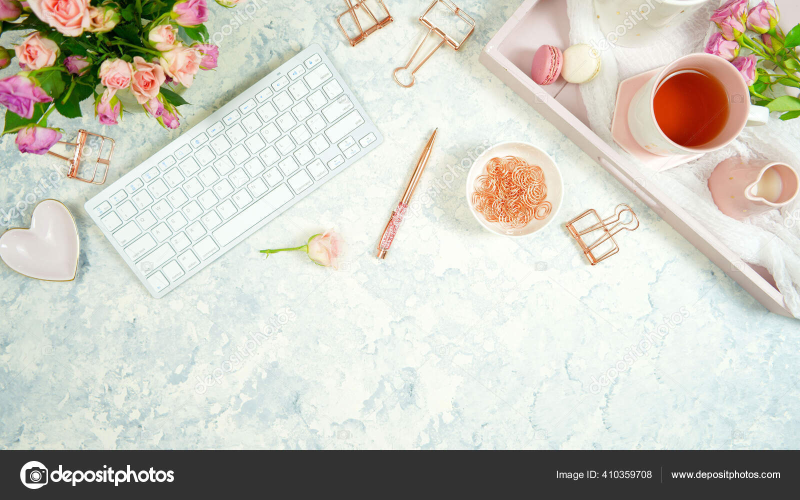 Blush pink cosy hygge style desktop workspace blog header overhead flat ...
