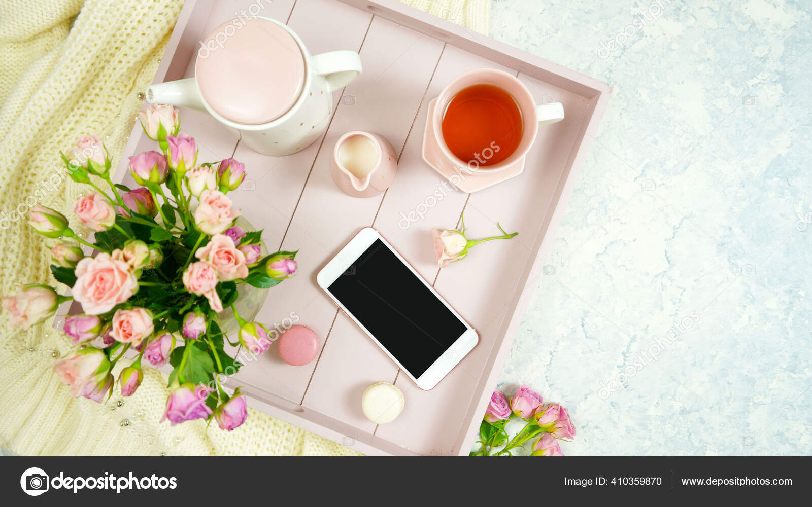 Blush pink cosy hygge style desktop workspace blog header overhead flat ...