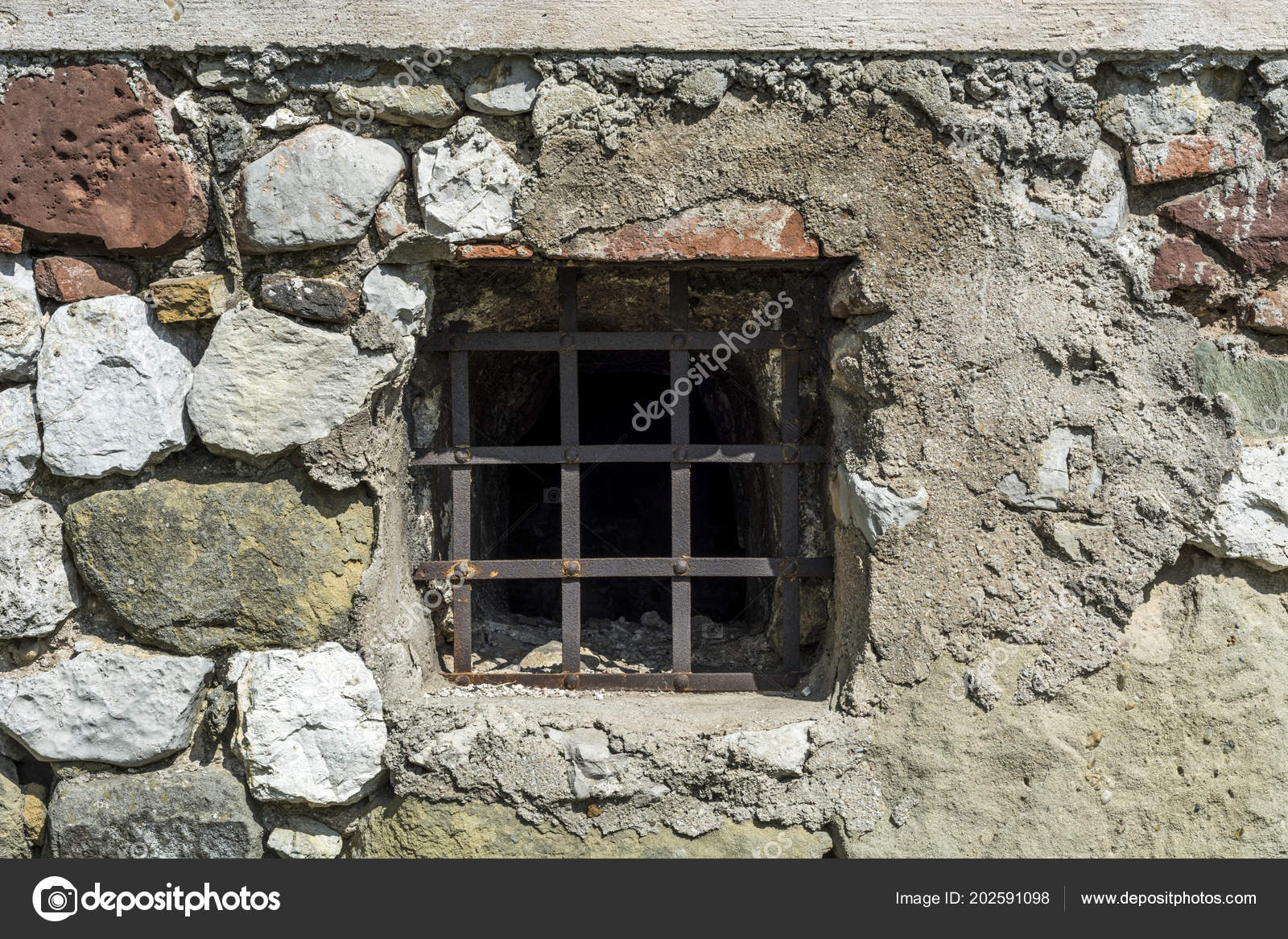 Old Medieval Prison Window Castle Cell Wall Metal Bars Dark Stock Photo ...