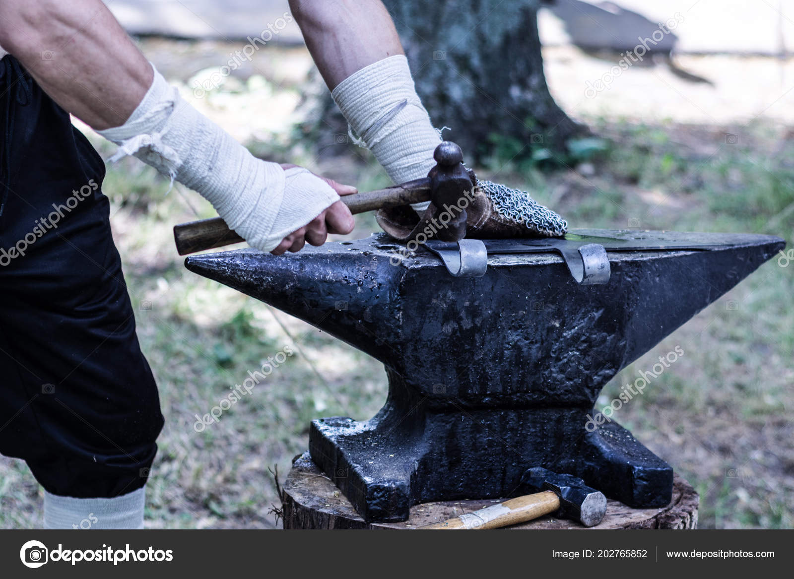 Medieval Blacksmith Hands Manually Forging Metal Weapon Hammer Tool ...