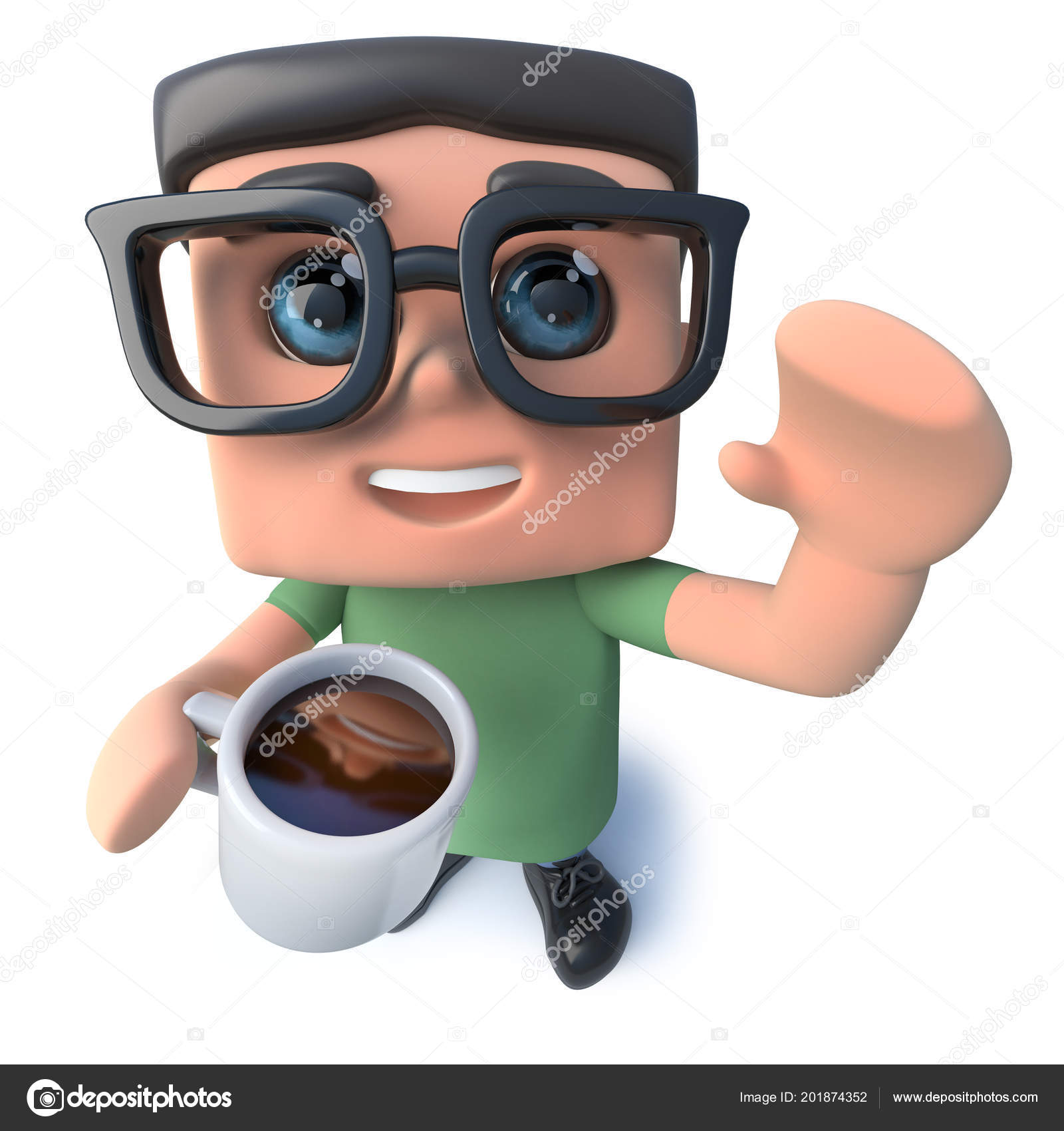 Render Funny Cartoon Nerd Geek Character Drinking Cup Coffee — Stock ...