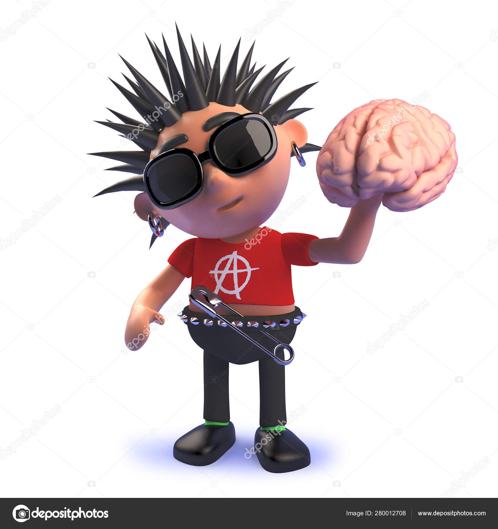 Cartoon punk rocker character in 3d holding a human brain Stock ...