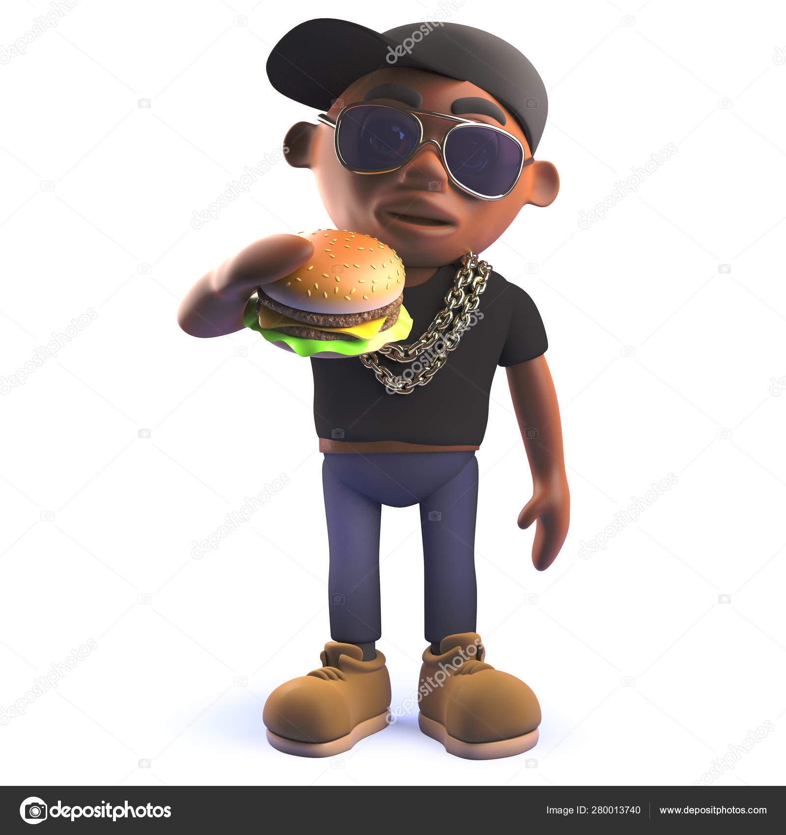 Black African American cartoon 3d hiphop rapper eating a cheese burger ...