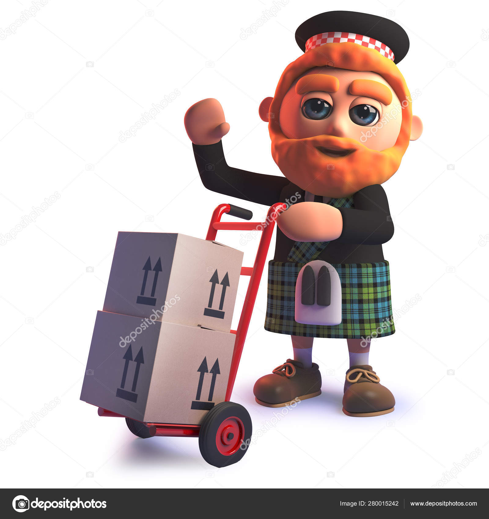 Funny cartoon 3d Scottish in kilt delivering cardboard boxes on a ...