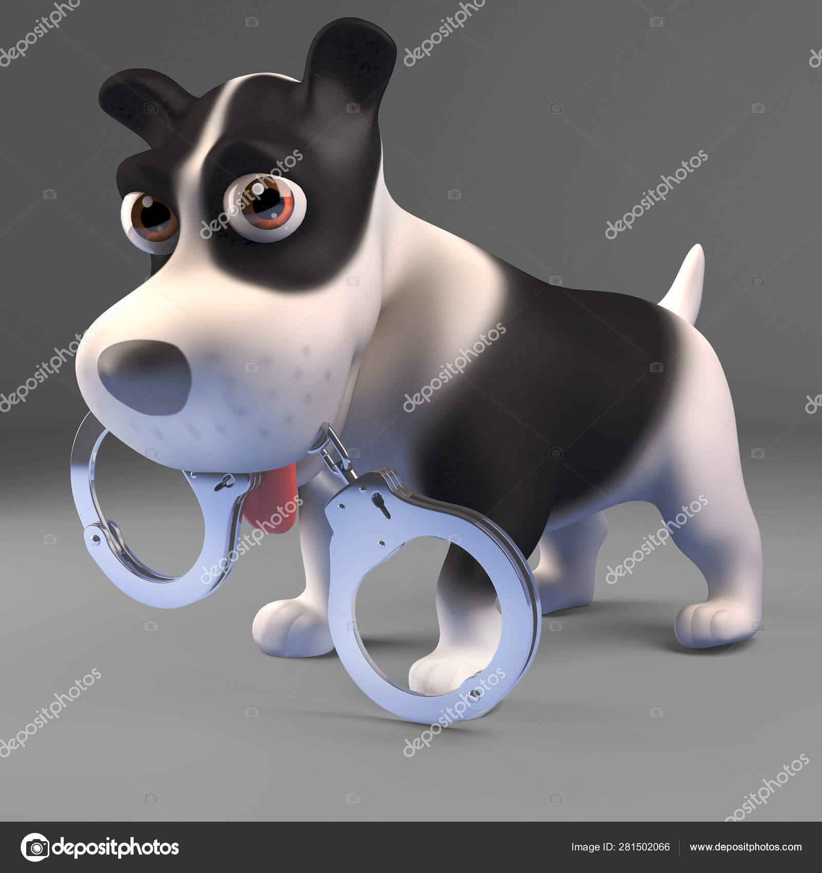 Law abiding black and white puppy dog has a pair of handcuffs, 3d ...