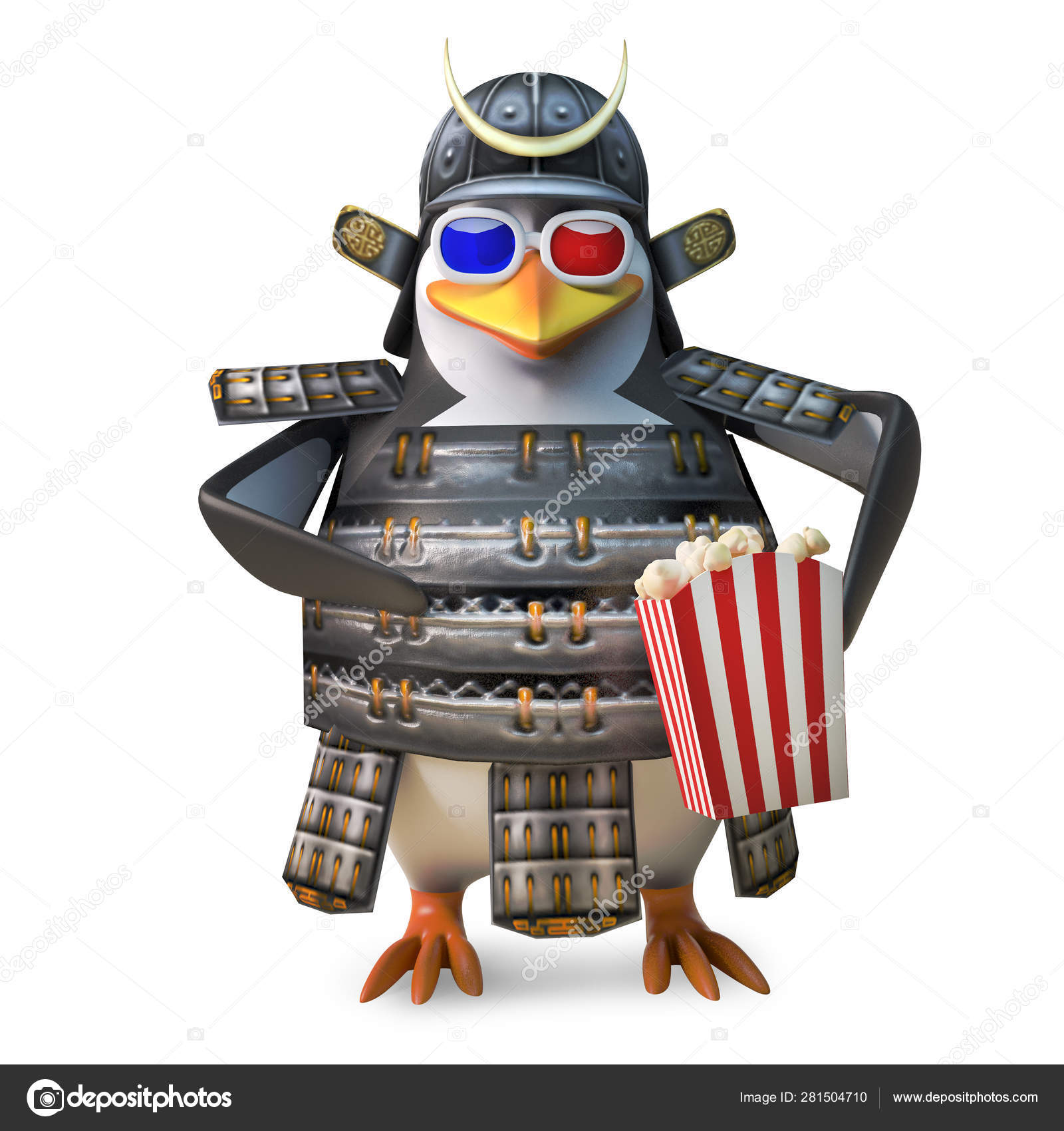 Noble Japanese samurai penguin warrior watchs 3d movie while eating ...
