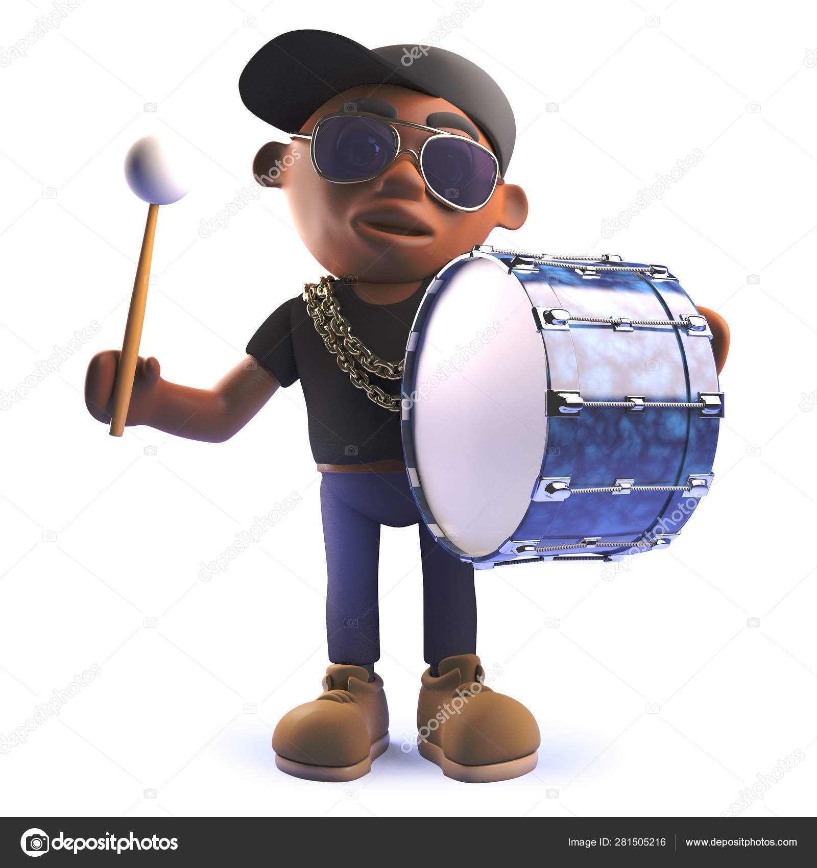 3d cartoon black African American hip rapper character beating a bass ...