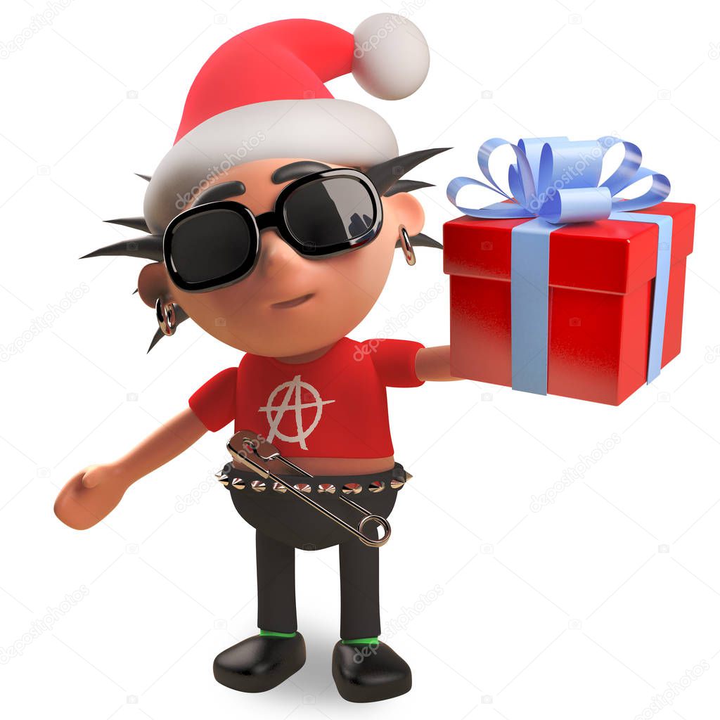 Punk rockero con pelo de púas con un sombrero de Navidad de Santa y la ...
