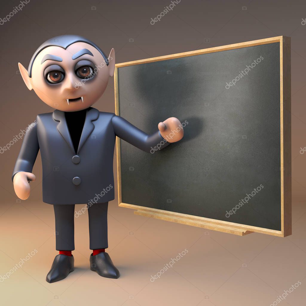 Dr cula personaje vampiro con colmillos est ense ando una lecci n en la pizarra, ilustraci n 3d 2024