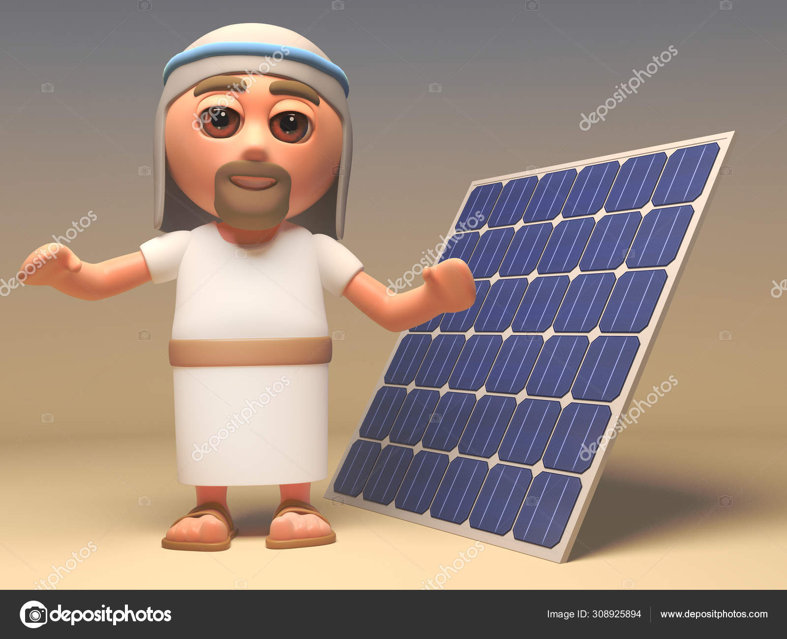 3d cartoon Jesus Christ character standing next to a renewable energy ...