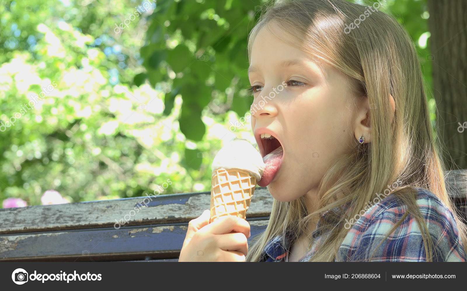 Child Eating Ice Cream Playground Kid Relaxing Sitting Bench Park ...