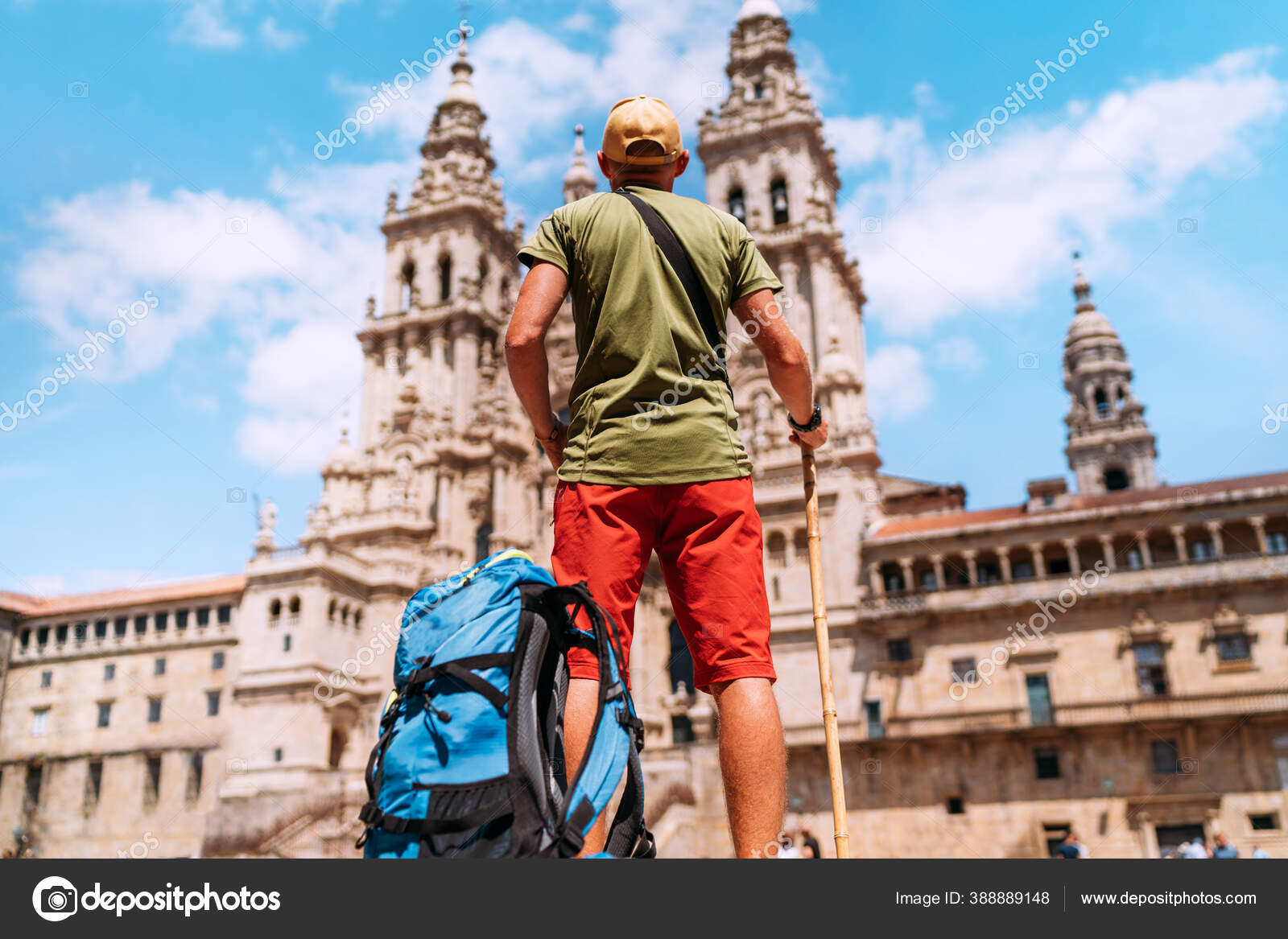 Young Backpacker Man Pilgrim Standing Obradeiro Square Plaza Main ...