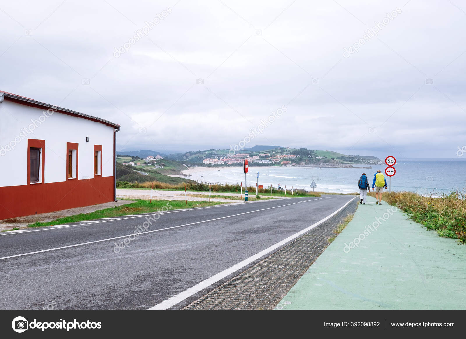 Two Backpacker Travelers Walk Road City Seaside — Stock Photo ...
