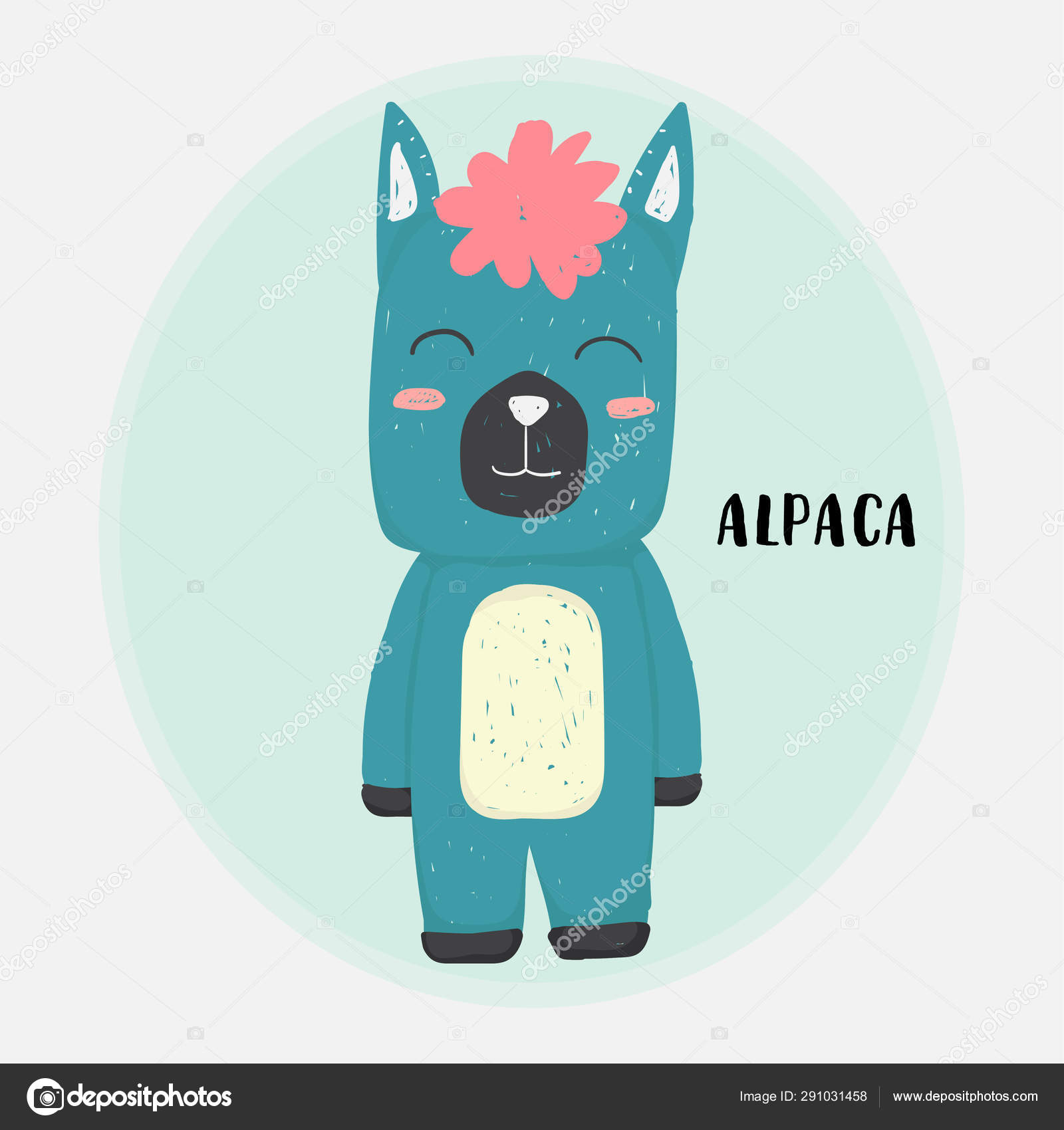 Cute Happy Blue Alpaca Drawing Doodle Flat Vector Kid Childish Stock ...