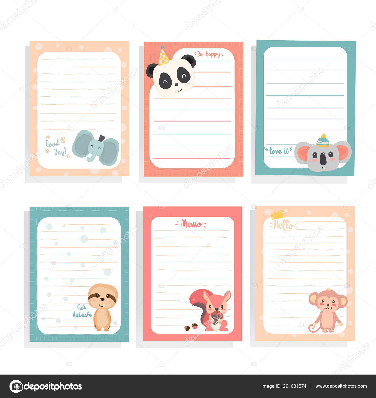Cute Hand Draw Animal Sloth Panda Squirrel Koala Monkey Note Stock ...