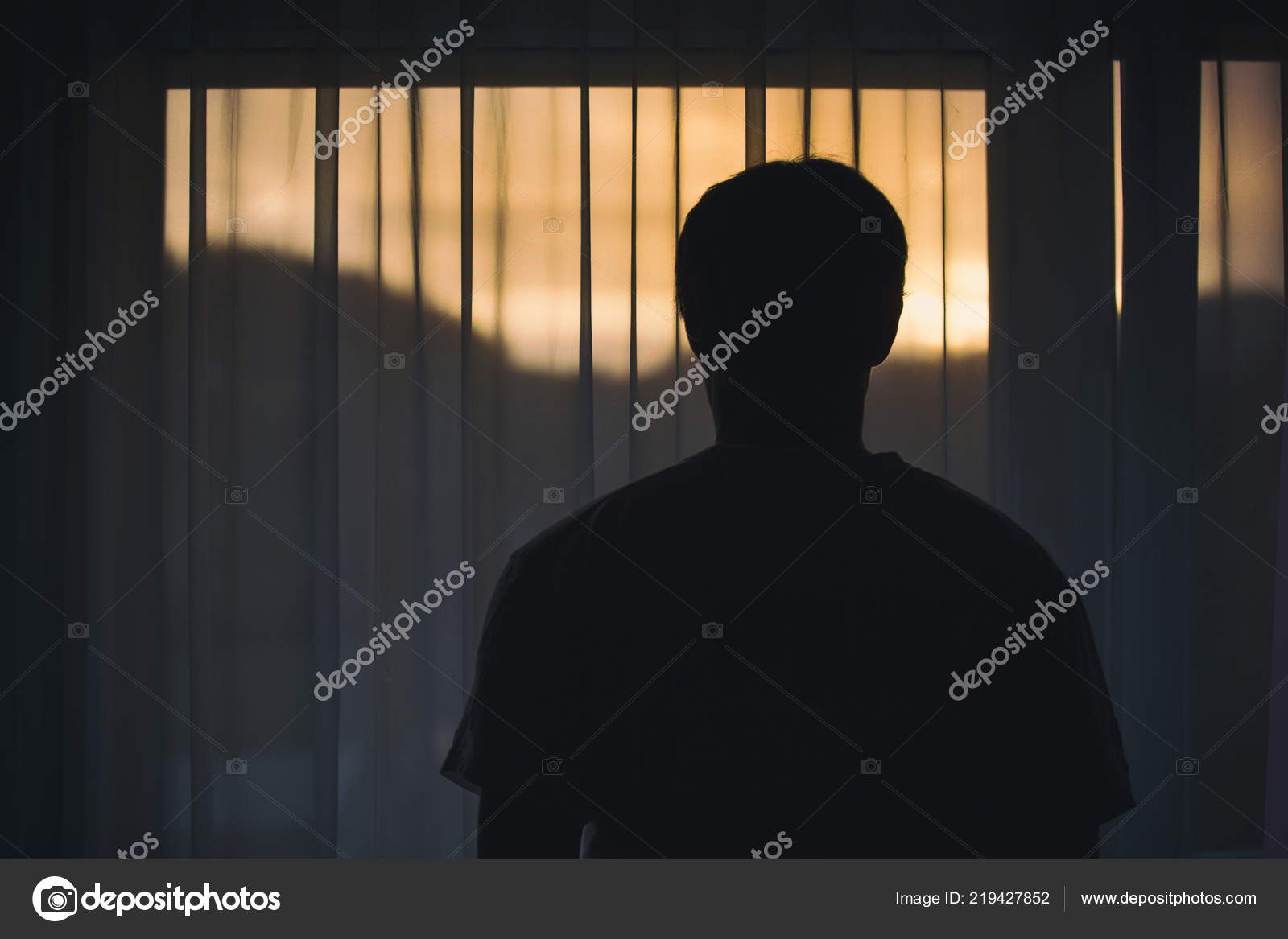 Back View Sad Man Standing Front Curtain Looking Out Window Stock Photo ...