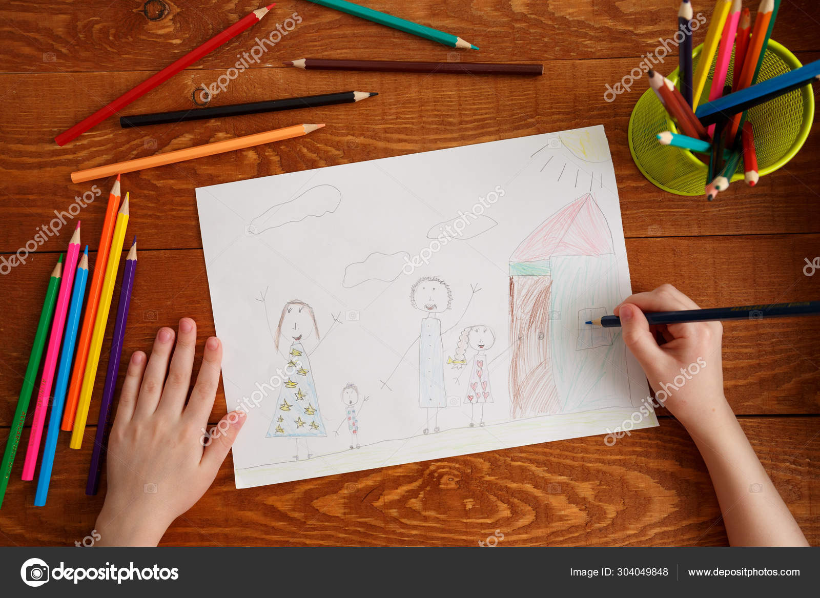 Character Child Drawing Image on Wooden Table — Stock Photo © karpik ...