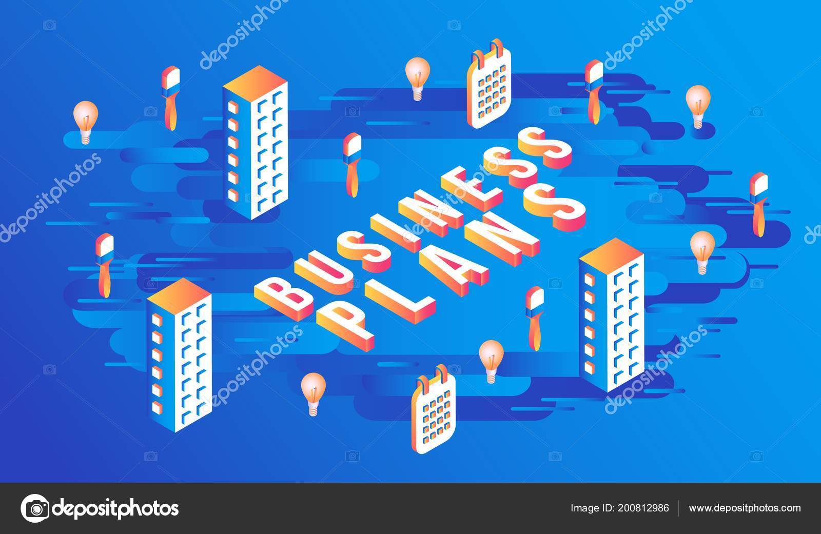 Business plans isometric text design with letters and business elements ...