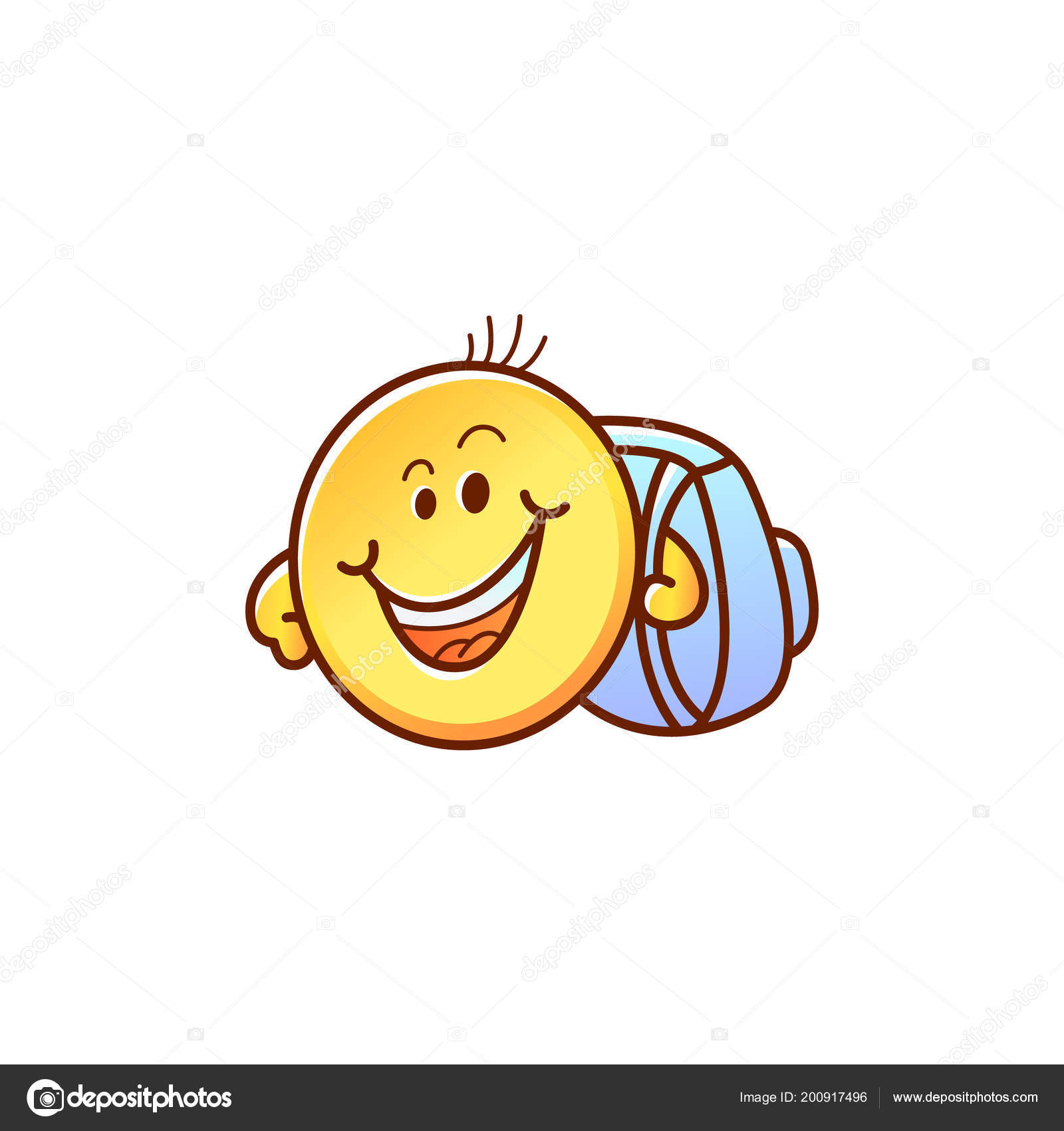 Smiley face student with backpack - cute happy yellow emoticon boy with ...