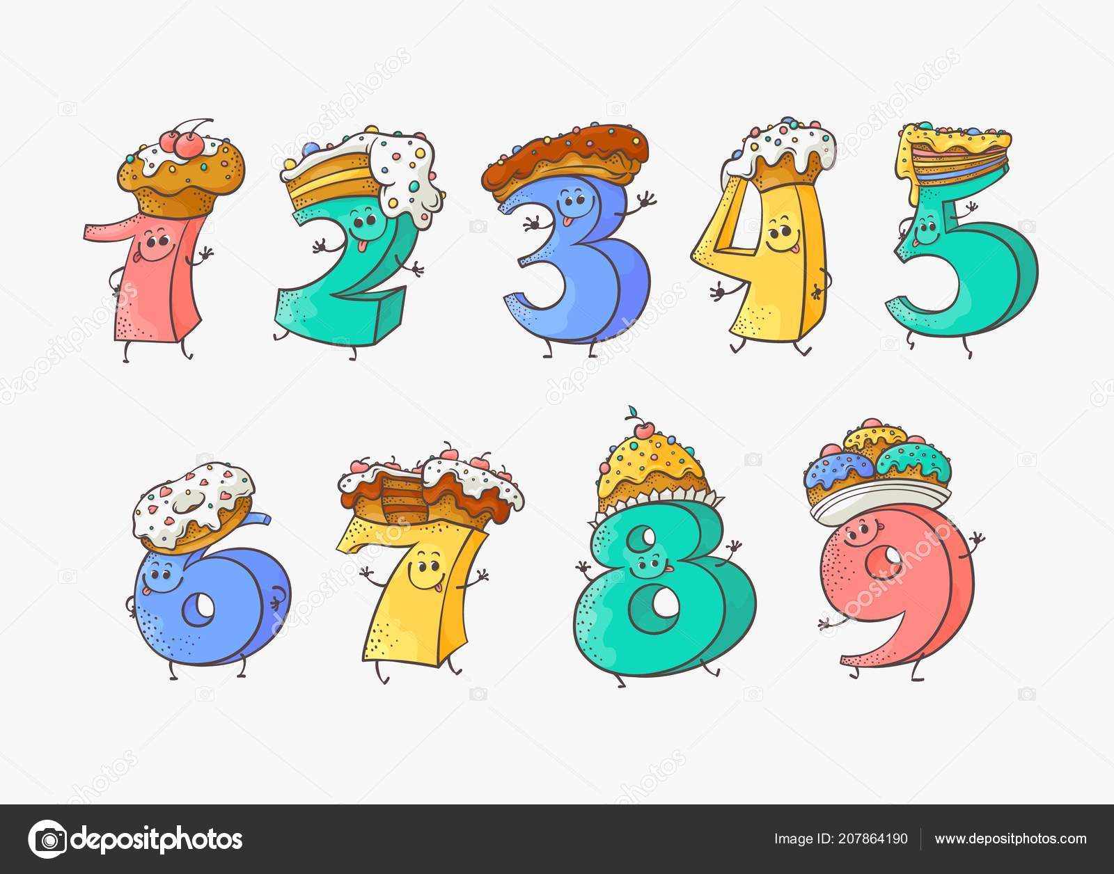 Cute number cartoon characters with sweet cakes and pies for hats set ...