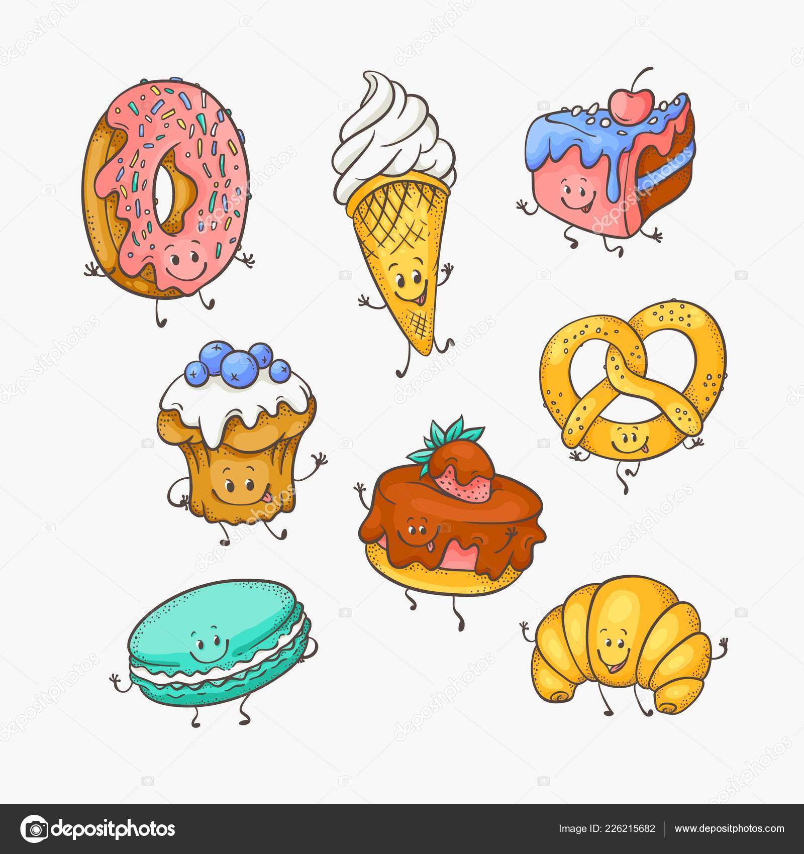 Vector illustration set of cute sweet desserts cartoon characters ...