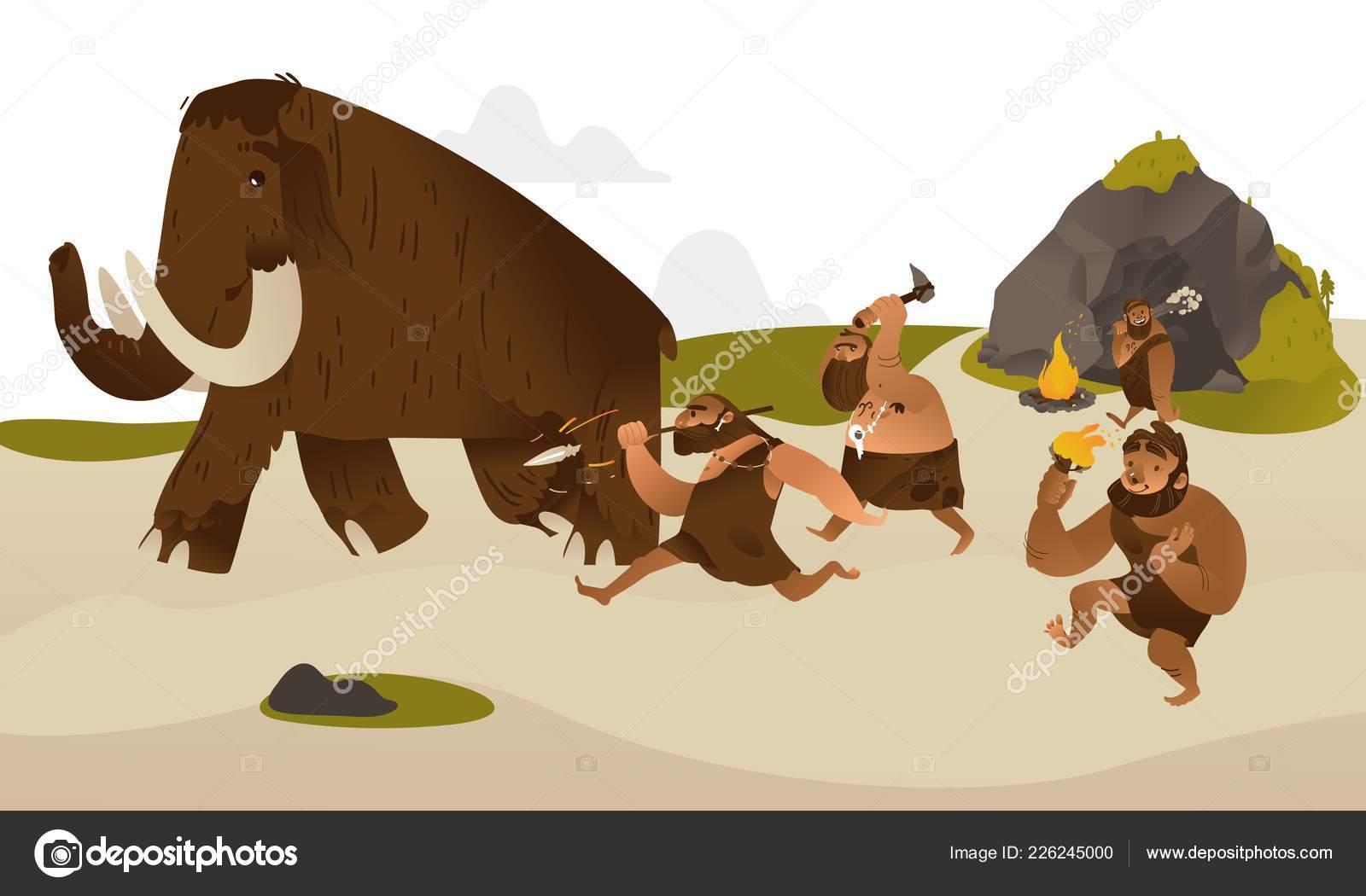Ancient caveman with prehistoric weapons hunting for mammoth. Stock ...
