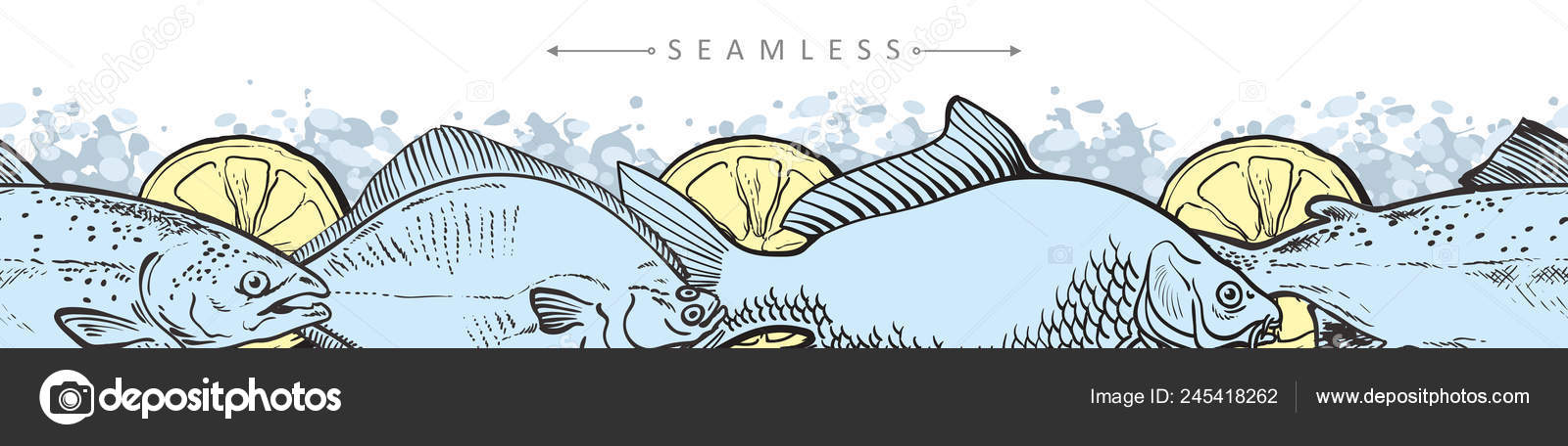 Vector illustration of seafood border seamless pattern with edible fish ...