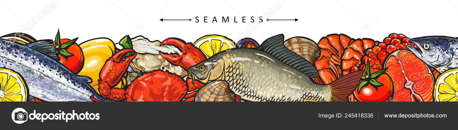 Vector illustration of seafood border seamless pattern with various ...