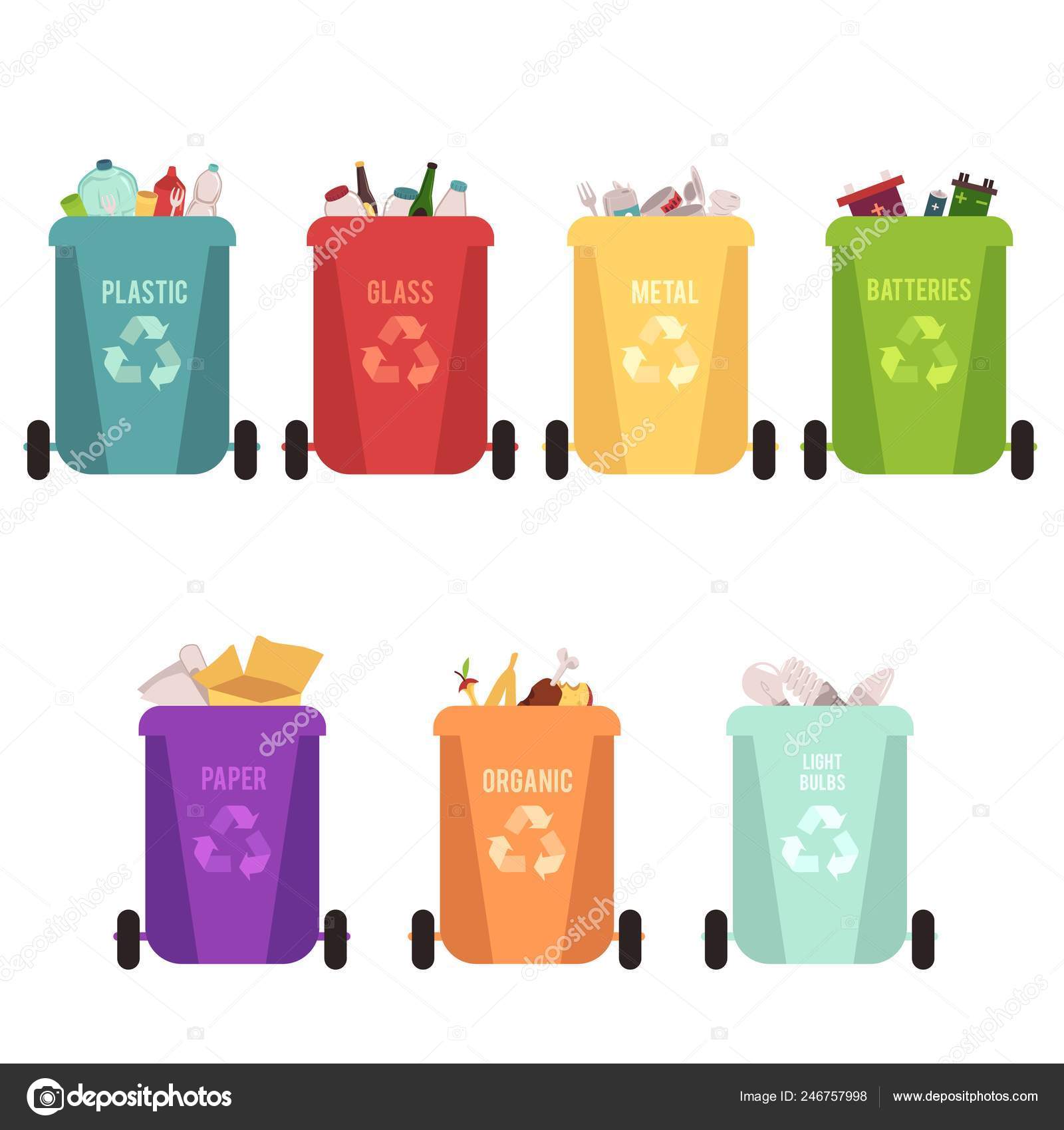 Recycle bins and garbage types, separation of waste on containers for ...