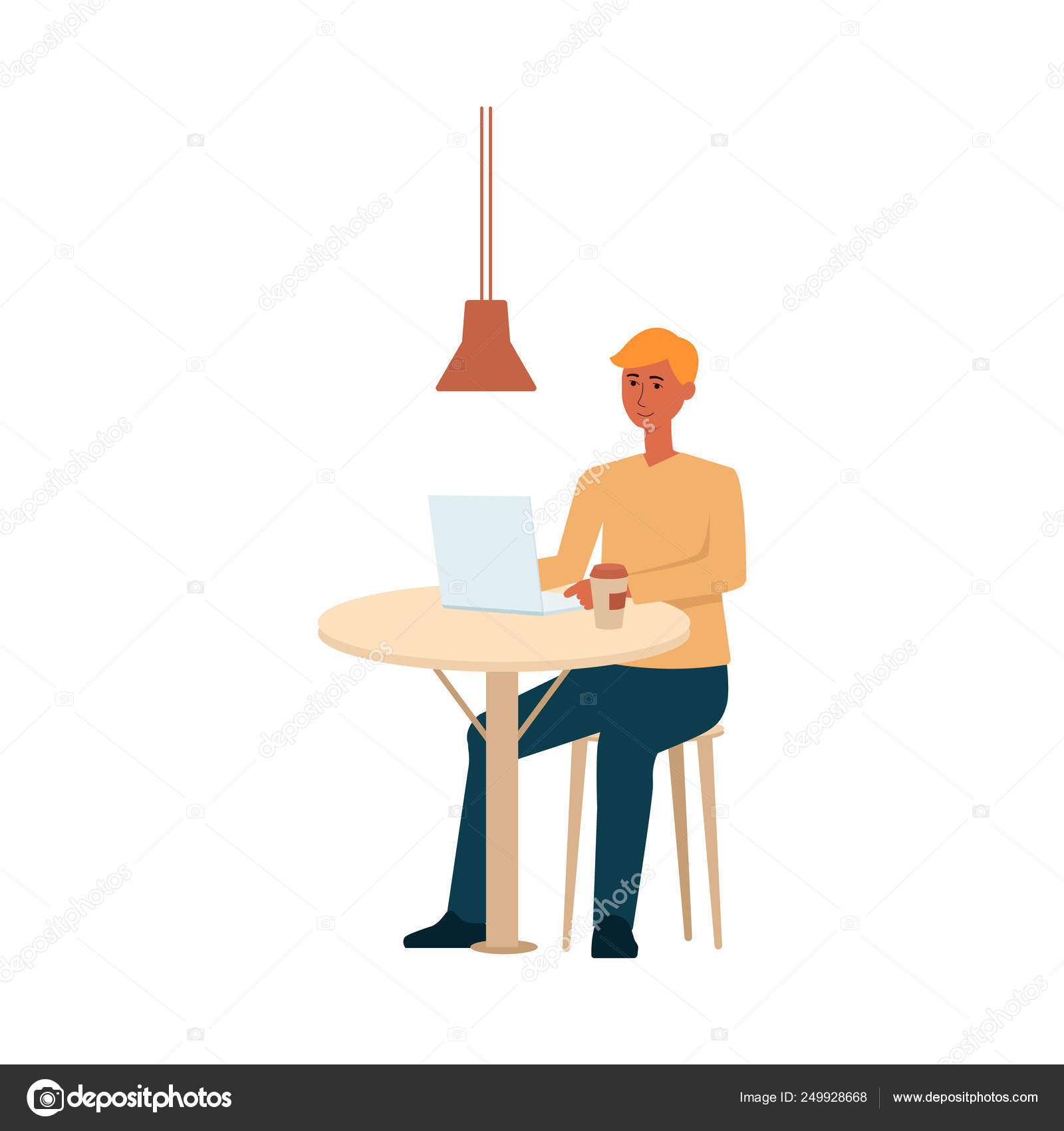 Man with laptop and coffee sitting at the table cartoon style Stock ...