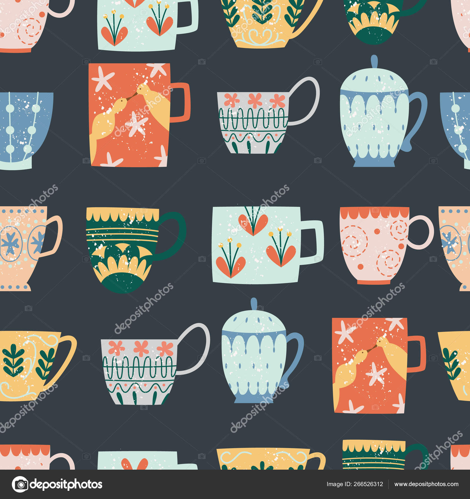 Kitchen seamless pattern of ceramic cups flat cartoon style Stock ...