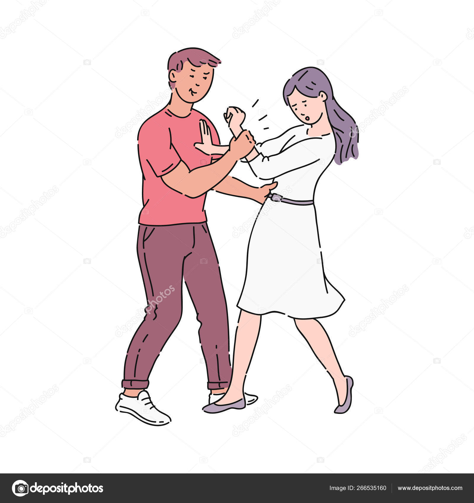 A young man forcibly touches and hugs a resisting girl in a dress ...