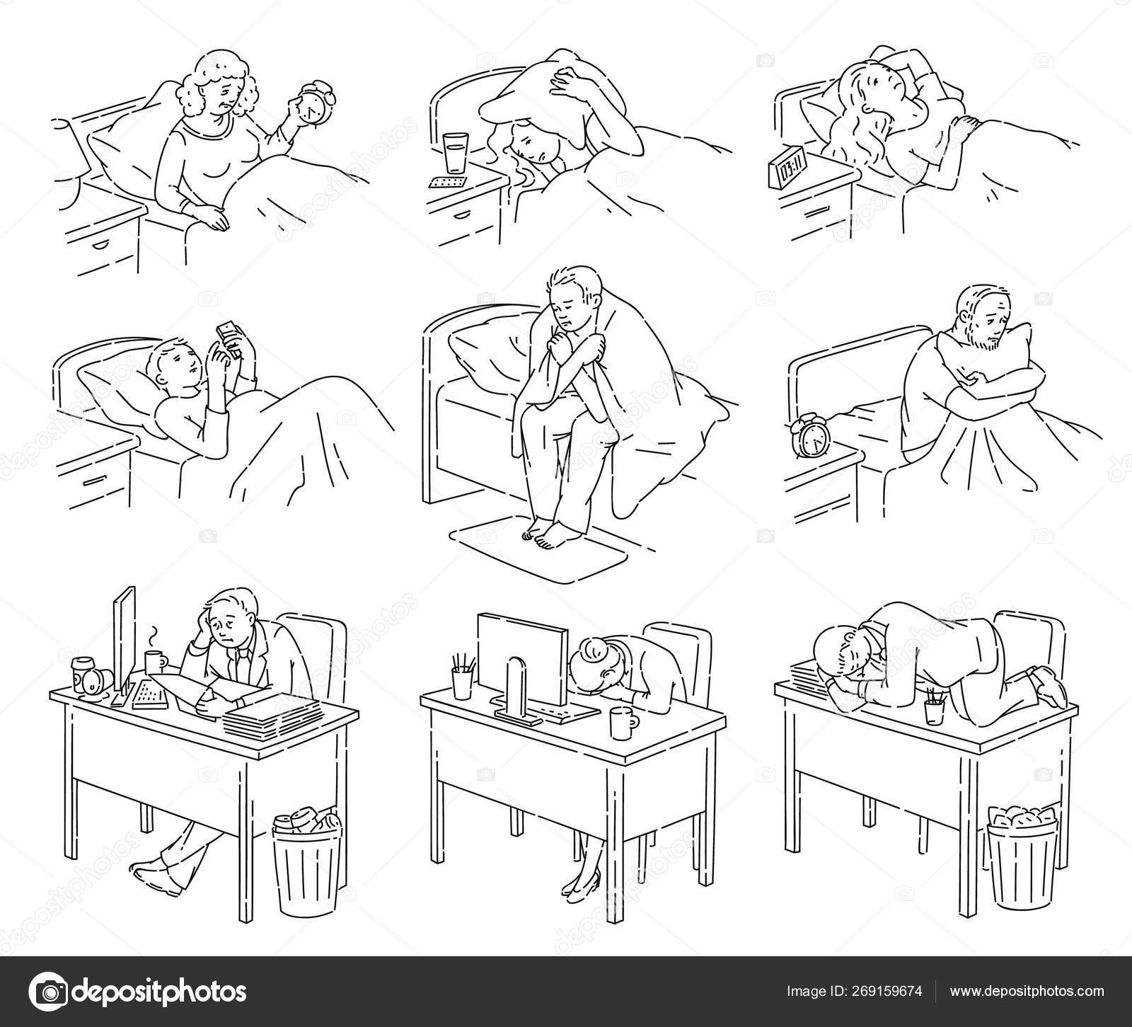 Sleepless people suffering from insomnia icon vector set isolated on ...