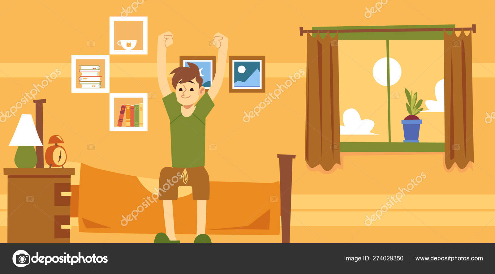 Happy man sits on bed waking up in morning flat cartoon style Stock ...