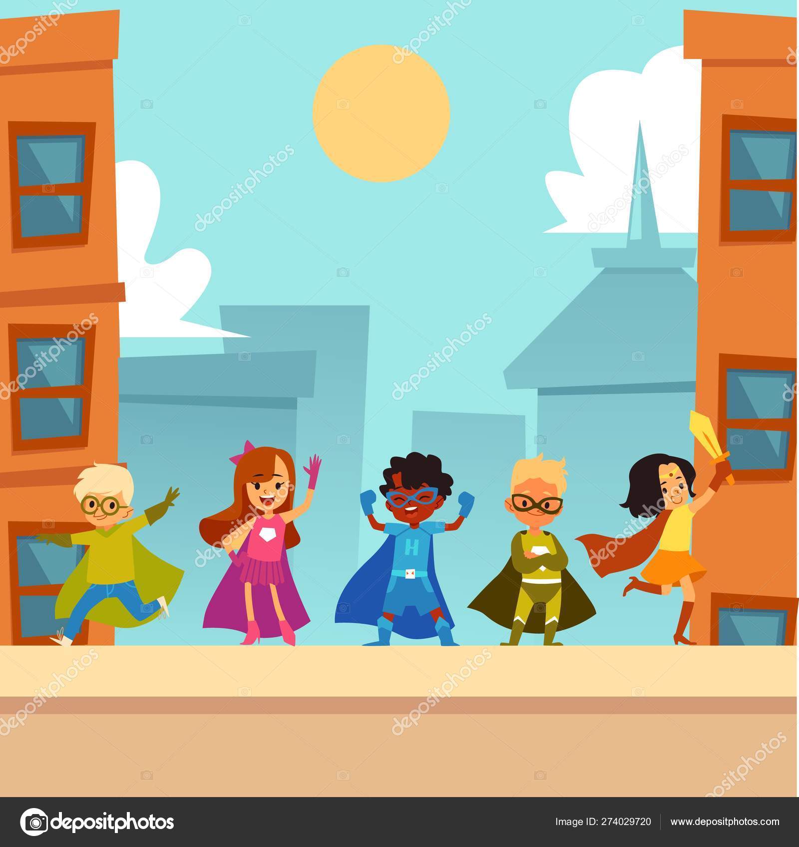 Kids superheroes team standing outdoors in brave heroic poses cartoon ...