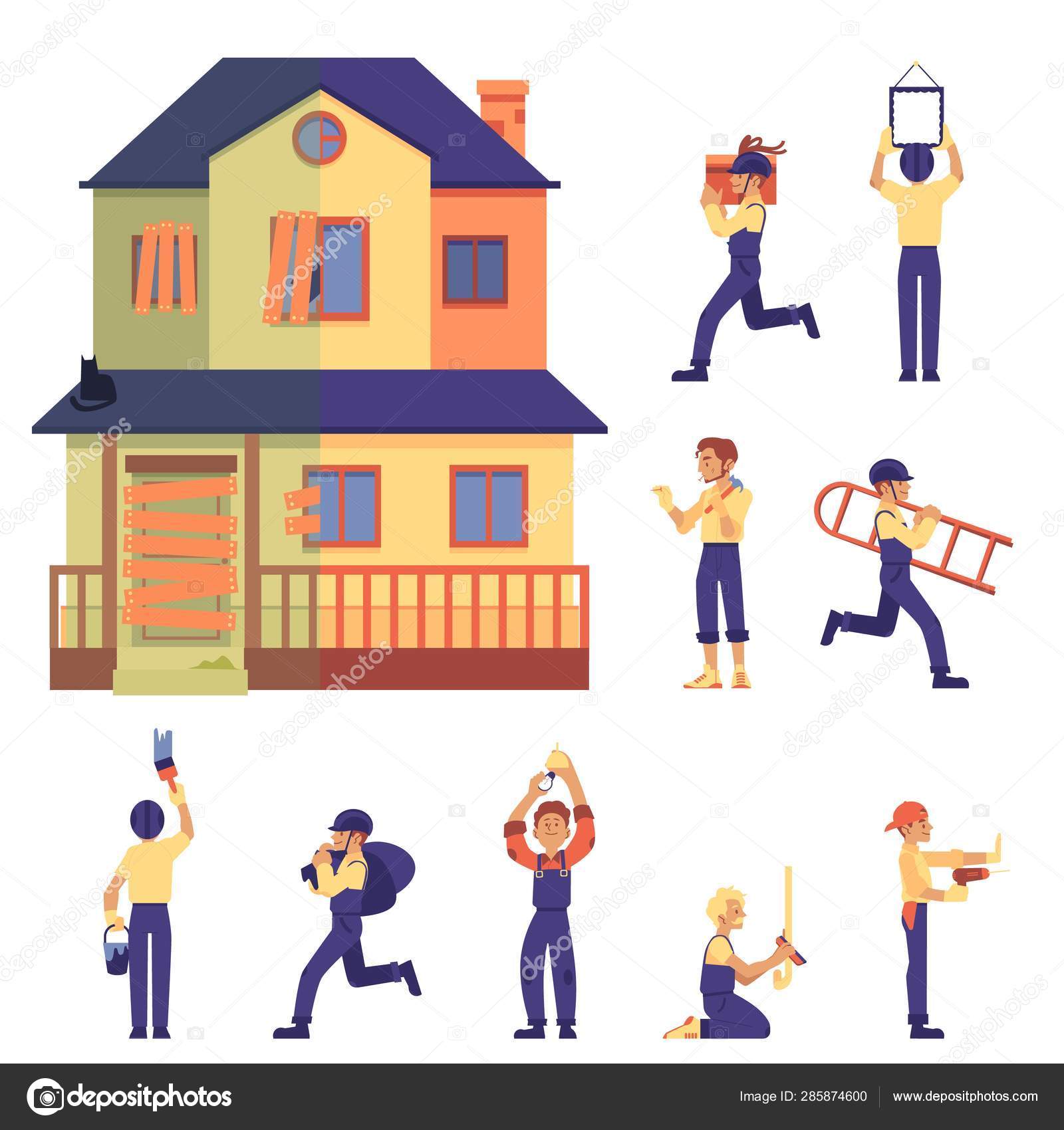 Set of home renovation with house before and after, workers and labor ...