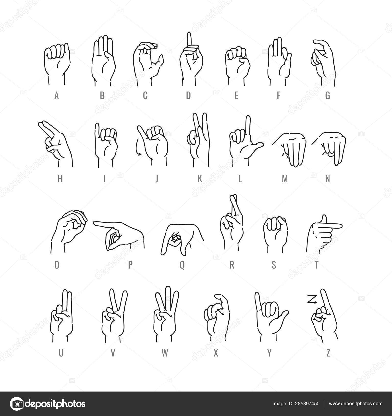 Deaf english alphabet in line art isolated on white background. Stock ...