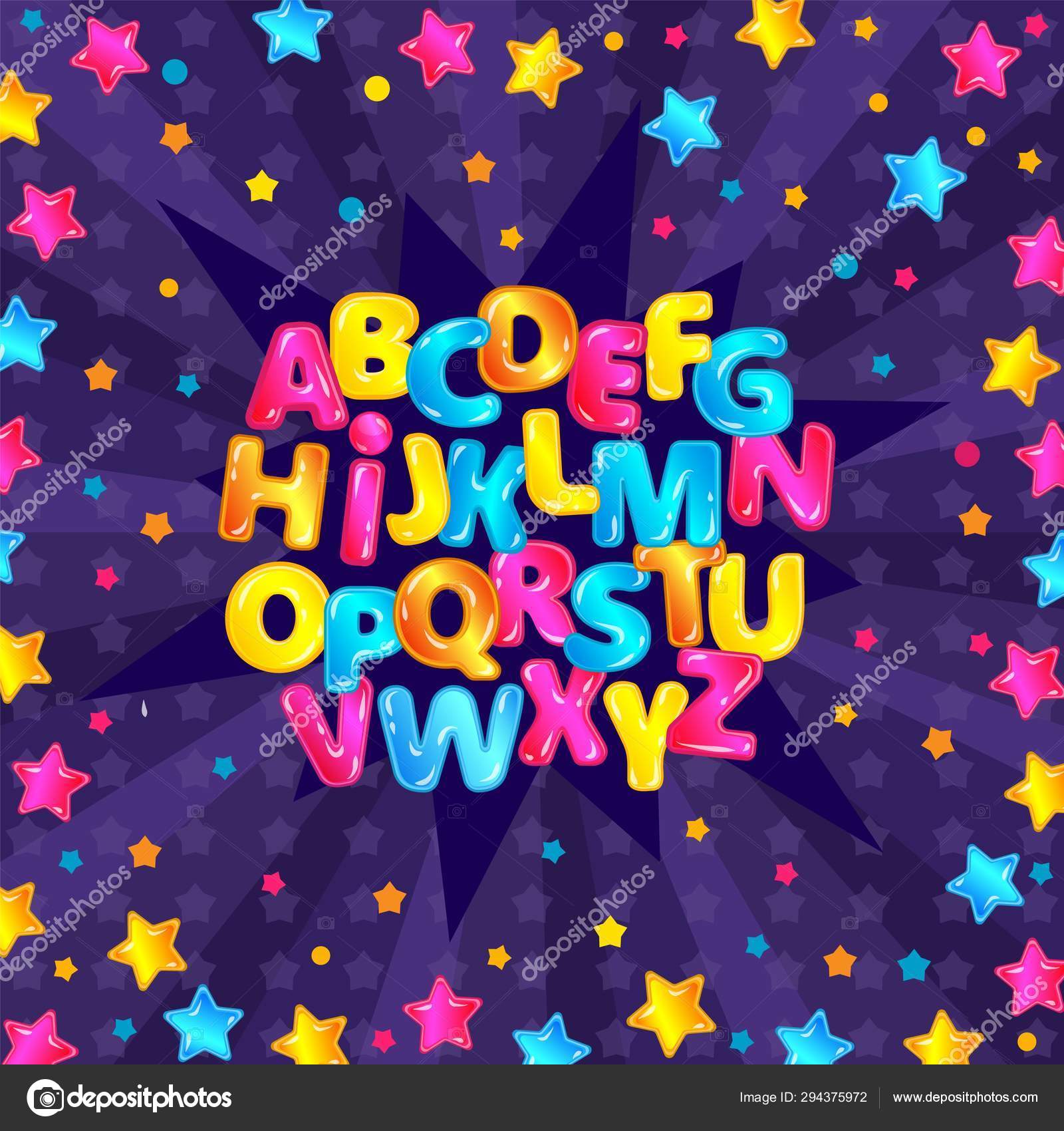 Colorful fun English alphabet set with glossy cartoon letters and ...
