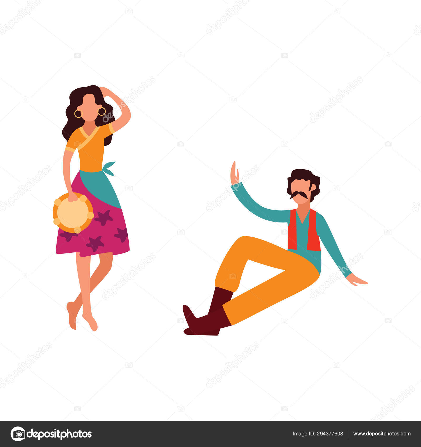 Gypsy woman with tambourine dance, beautiful female cartoon character ...