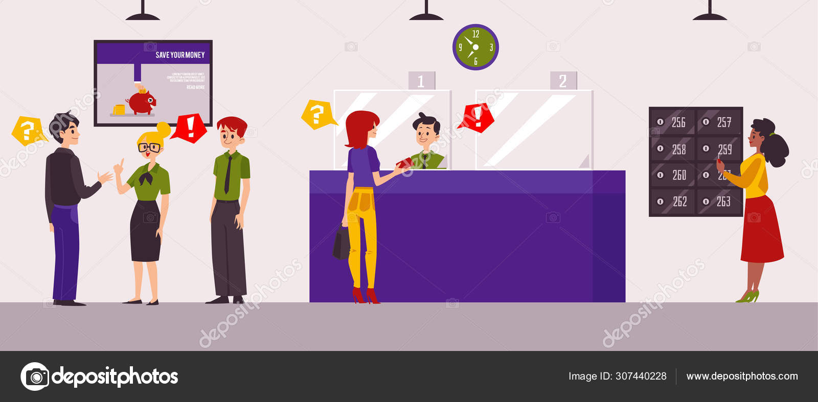 Bank office interior - flat cartoon banner with workers and customers ...