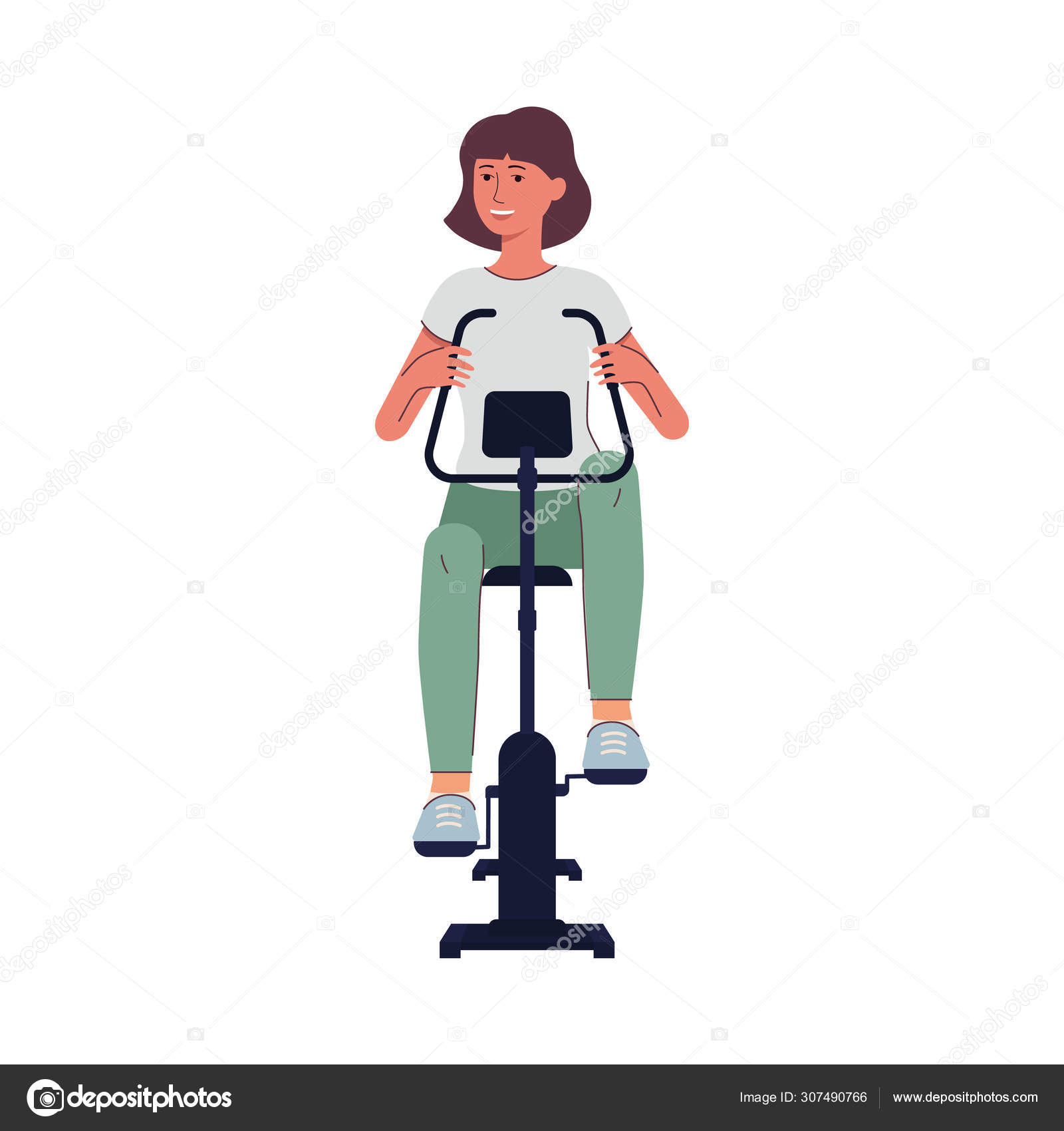 Cartoon woman sitting on exercise bike - happy young girl on gym ...