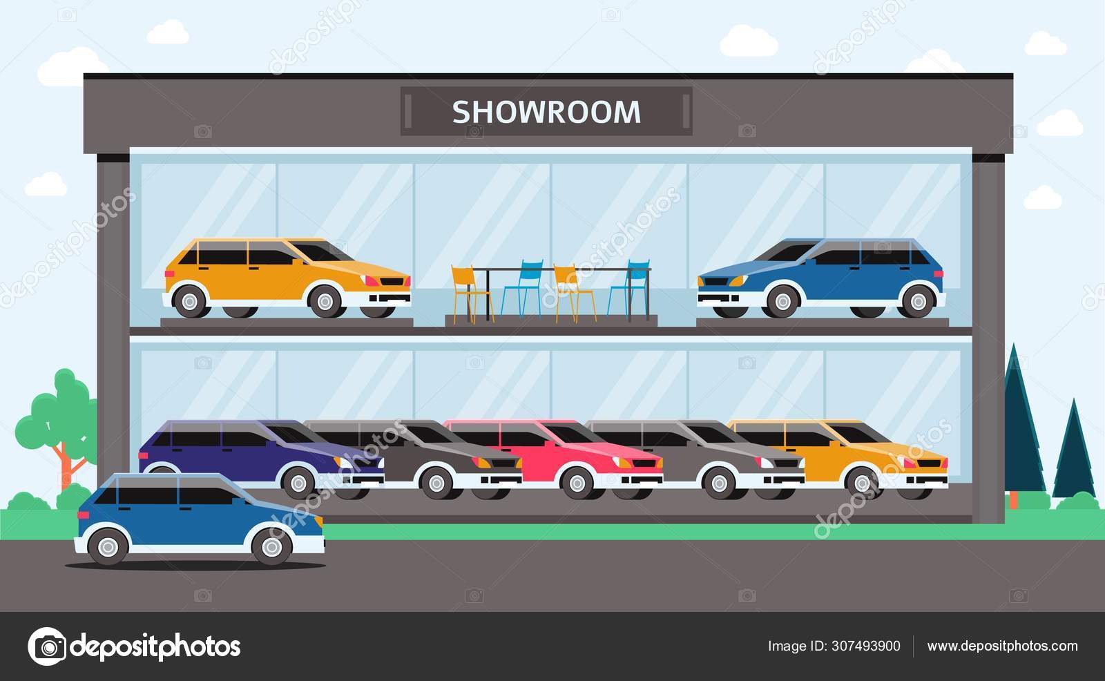 Car showroom building - colorful automobile vehicle dealership Stock ...