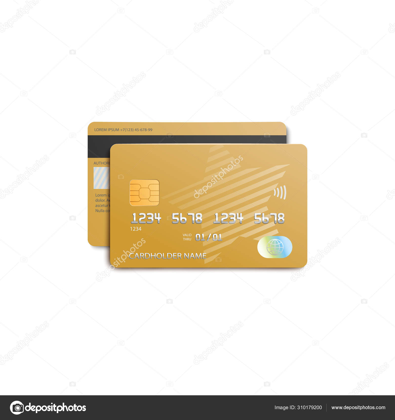 Front and back view of golden plastic bank card isolated on white ...