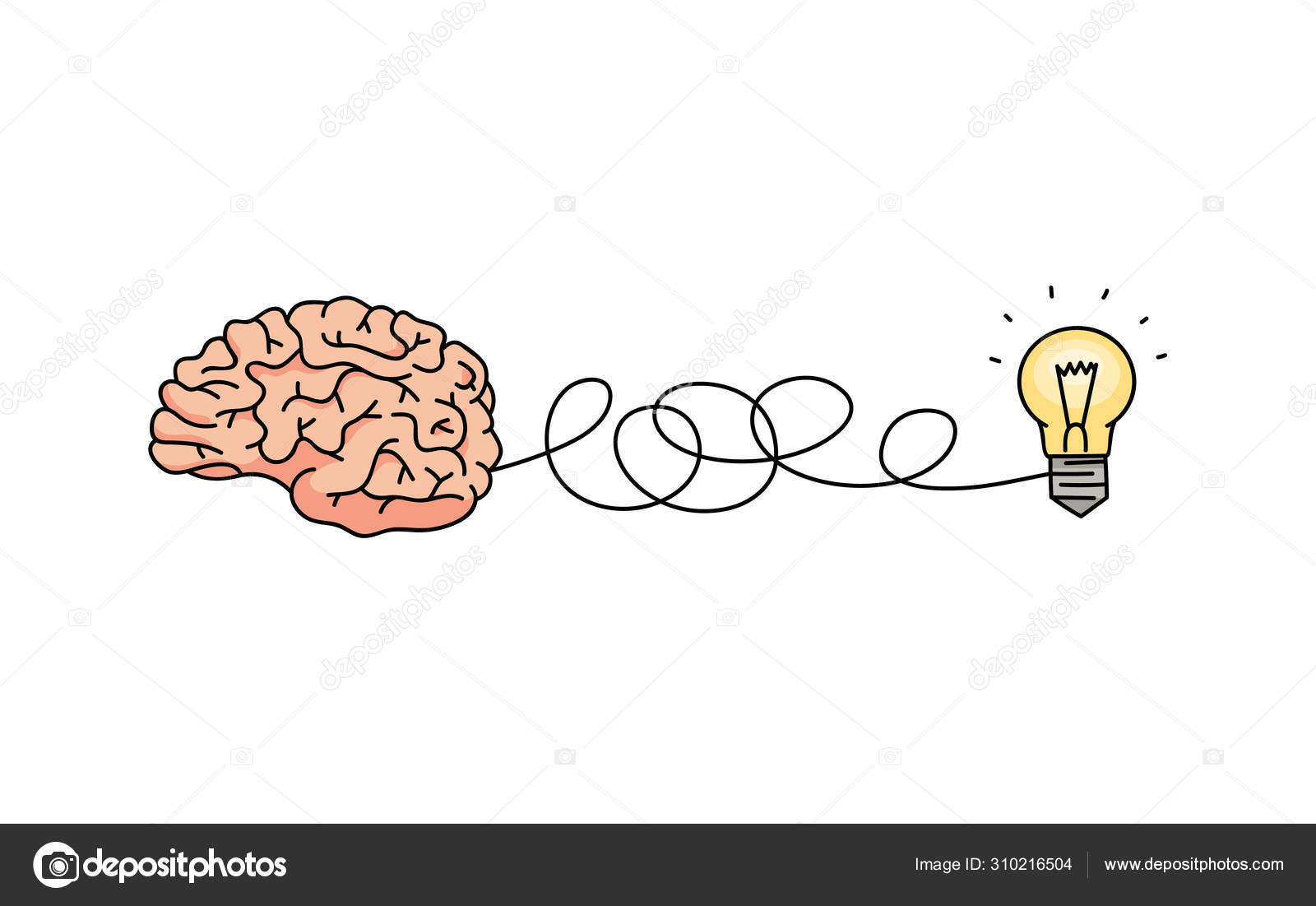 Tangled black line connecting icons of brain and lamp vector ...