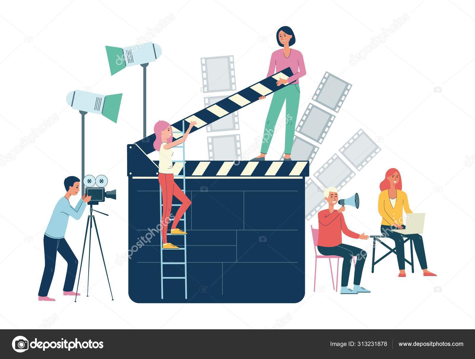 Movie production crew with professional equipment - isolated flat ...