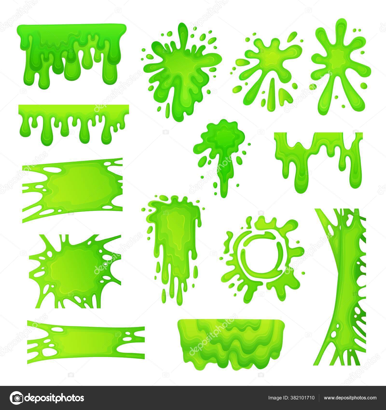 Set of green slime drops and blots cartoon vector illustration isolated ...