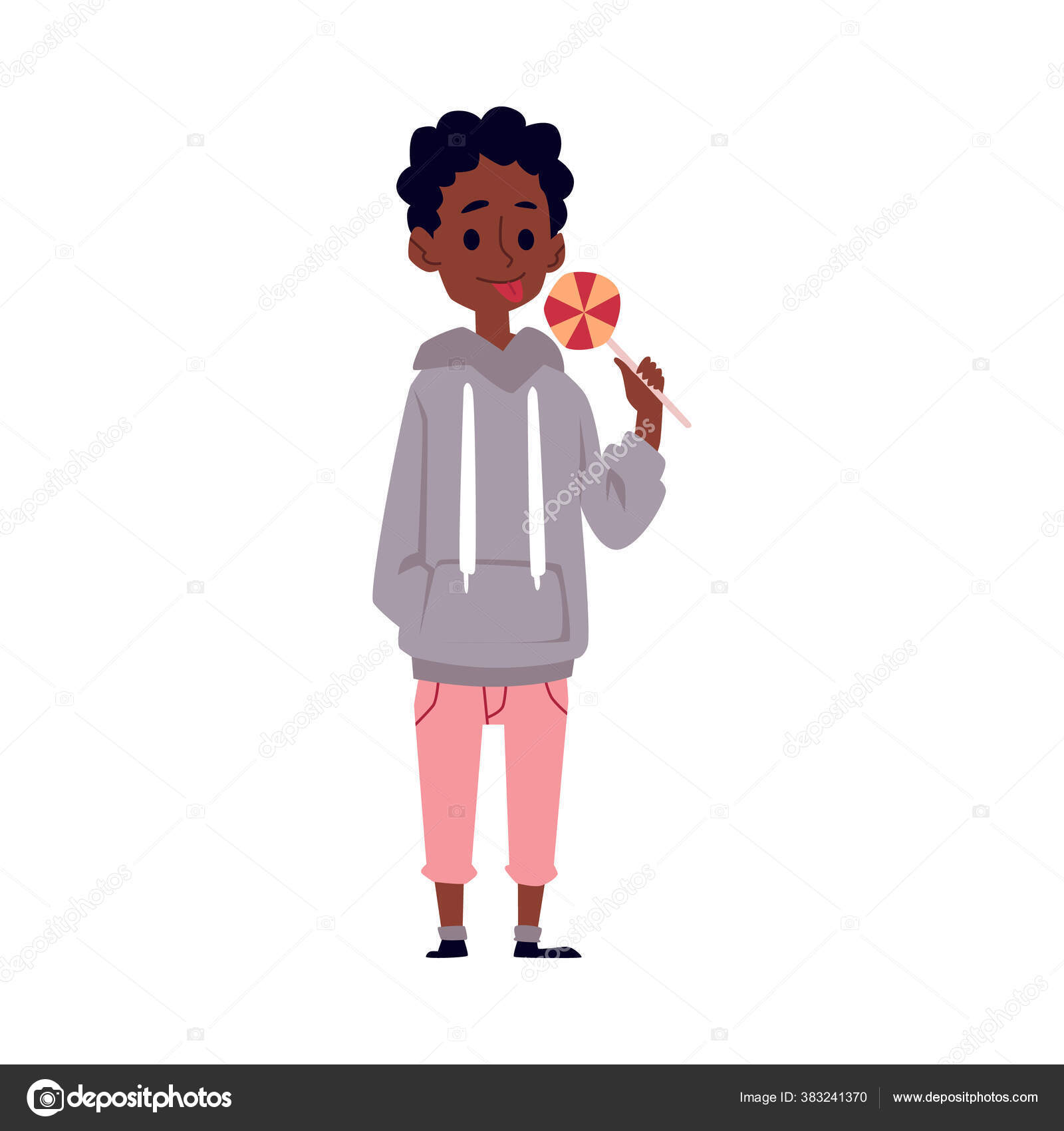 Happy cartoon boy licking a lollipop - smiling child with dark skin ...