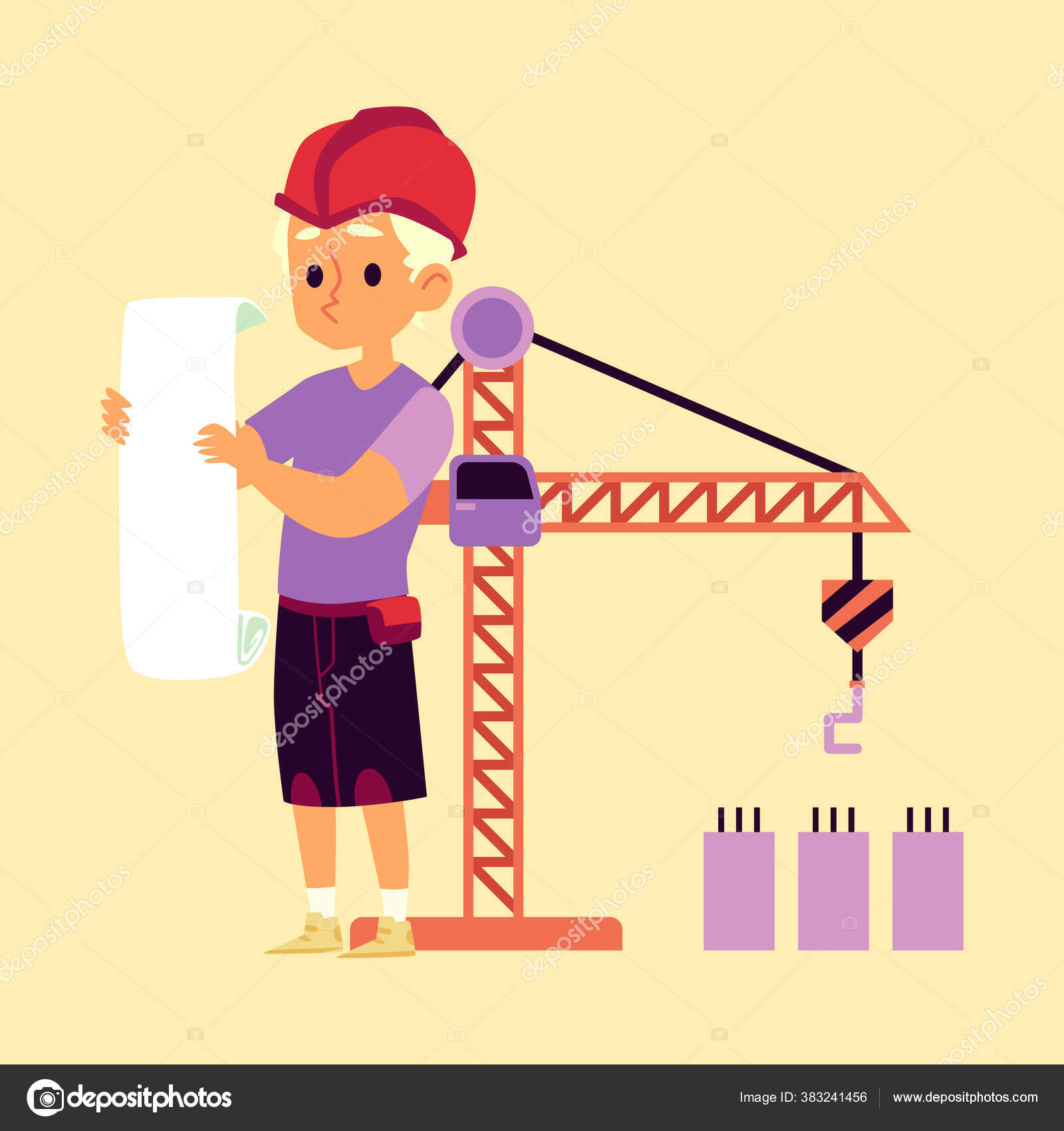 Little boy in builder uniform reading construction plan. Stock ...