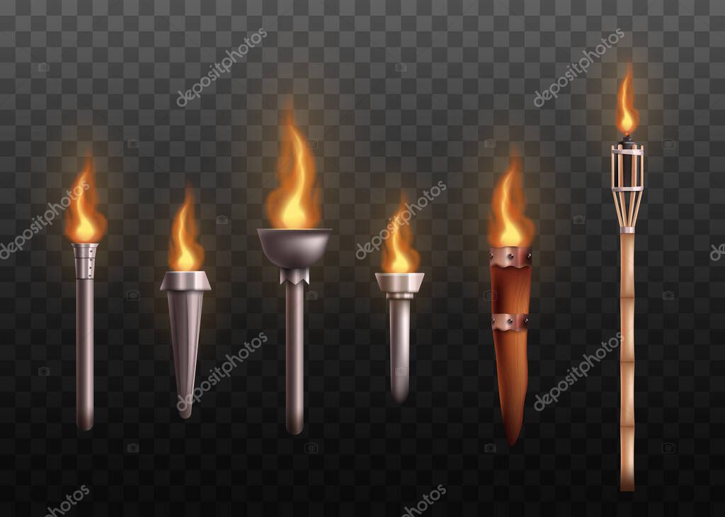 Antorcha medieval realista con fuego ardiente, metal antiguo y antorchas de madera Vector de ...